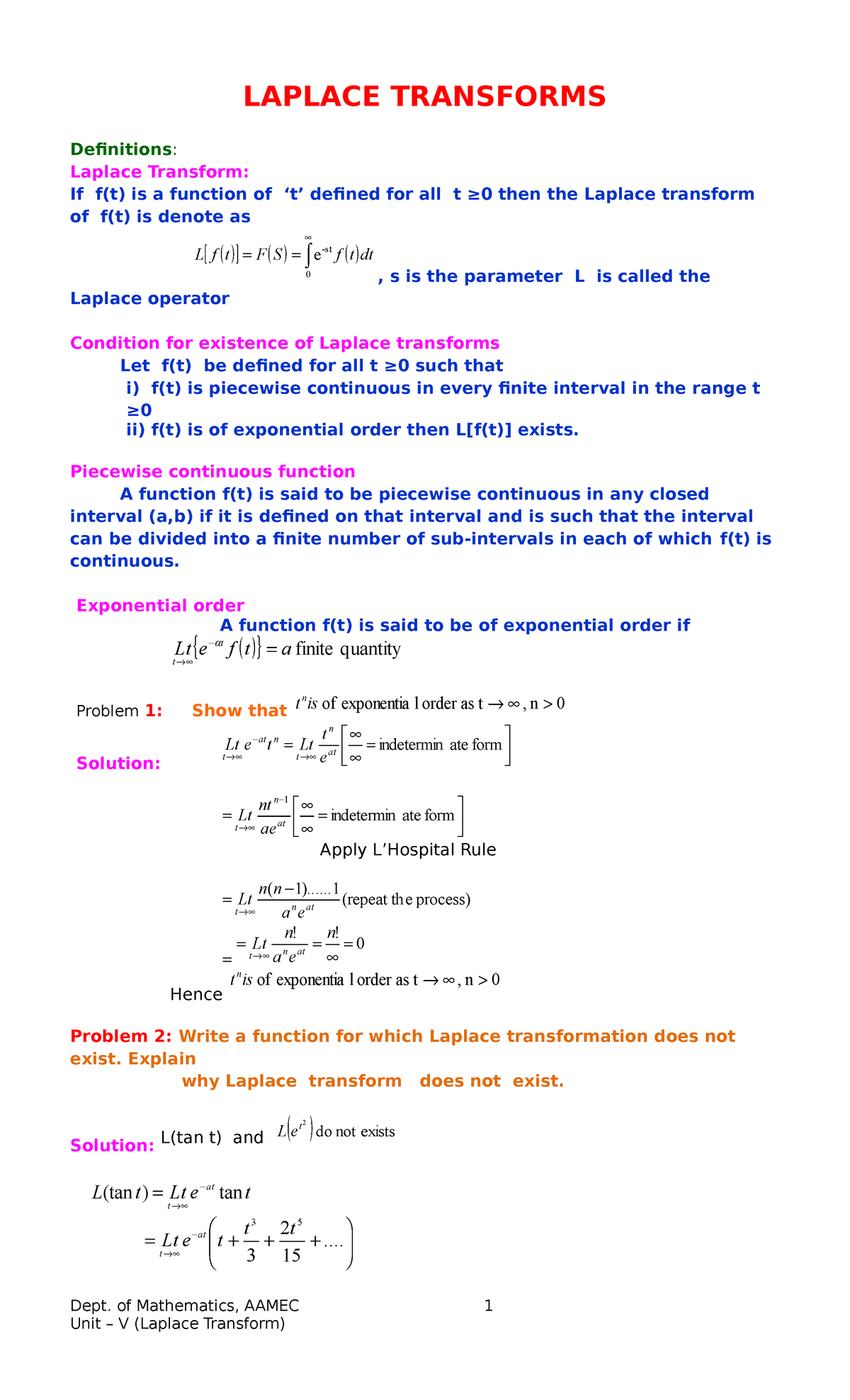 Laplace Transform Concepts and Applications - AAMEC Unit V Notes - Studocu