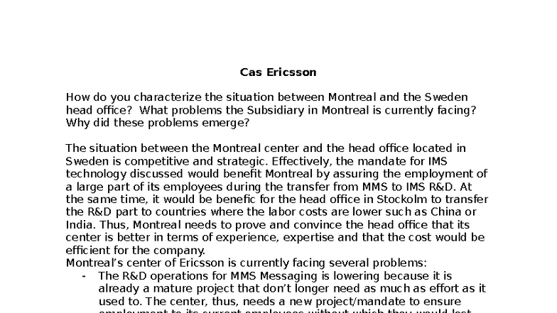 Cas Ericsson: Analyzing Montreal Subsidiary Challenges and Proposals ...