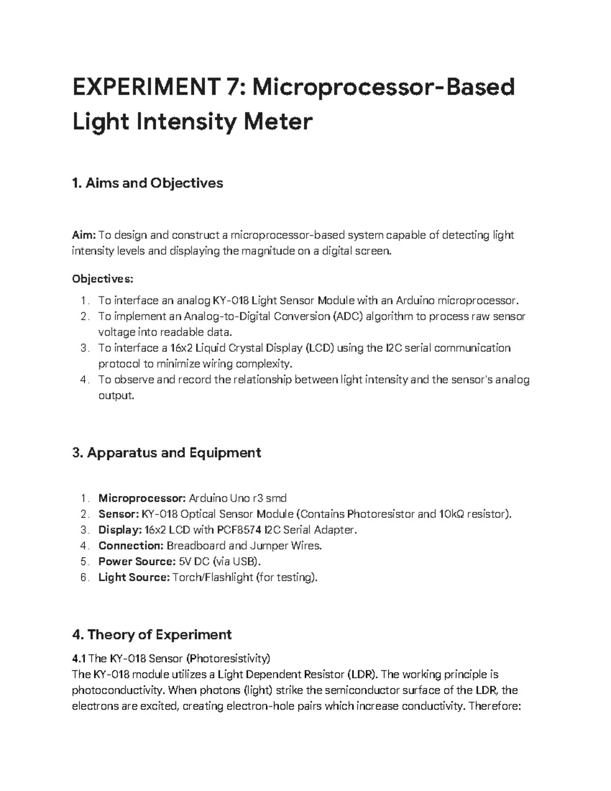 Experiment 7: Light Intensity Meter with Arduino Microprocessor - Studocu