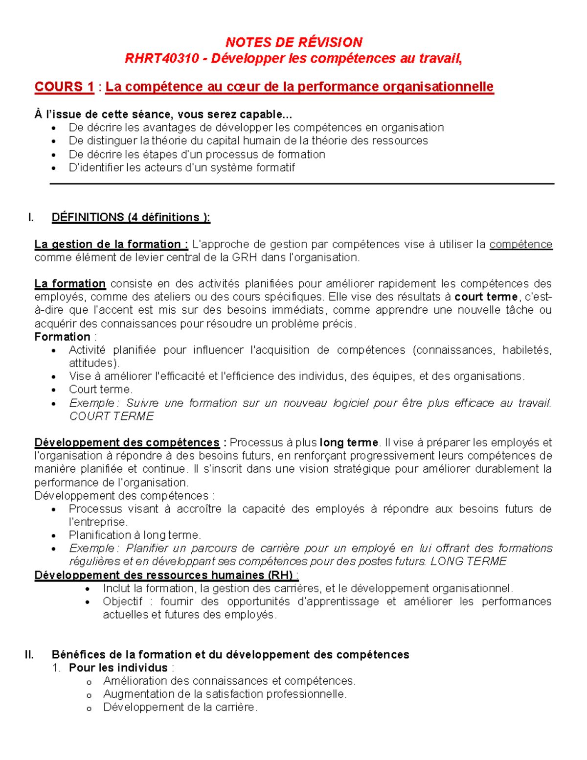 Révision Finale RHRT40310 : Développer les Compétences au Travail - Studocu