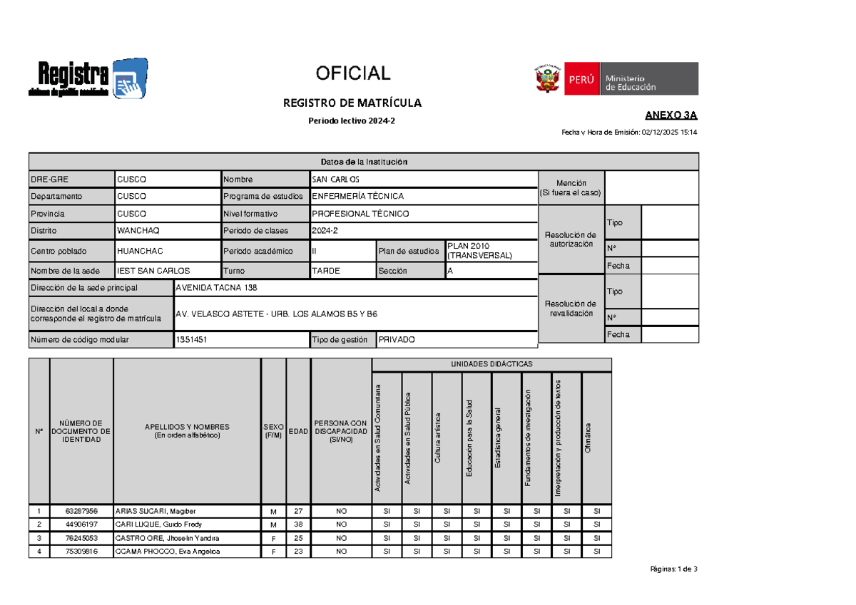 Registro de Matrícula Anexo 3A - Enfermería Técnica 2024-II - Studocu