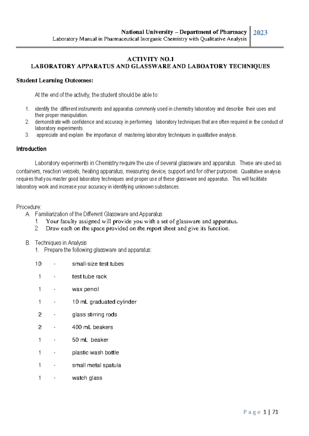 Laboratory Apparatus & Techniques for Qualitative Analysis - CHEM 01 ...