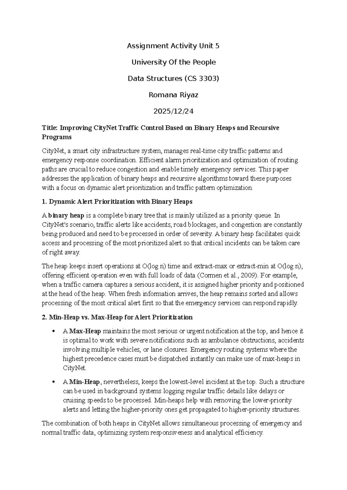 Improving CityNet Traffic Control: Binary Heaps & Recursion (CS 3303 ...