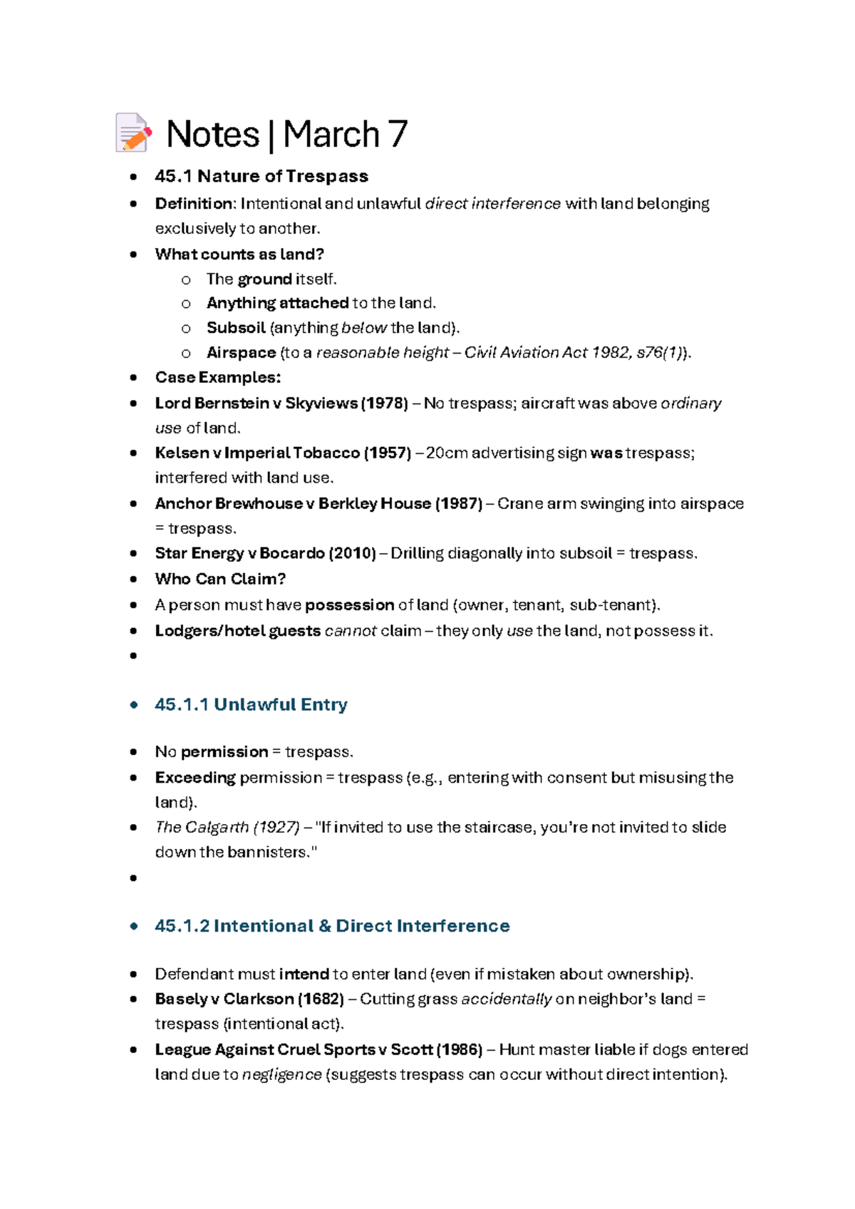 Trespass to land and person: Key concepts and case law analysis - Studocu