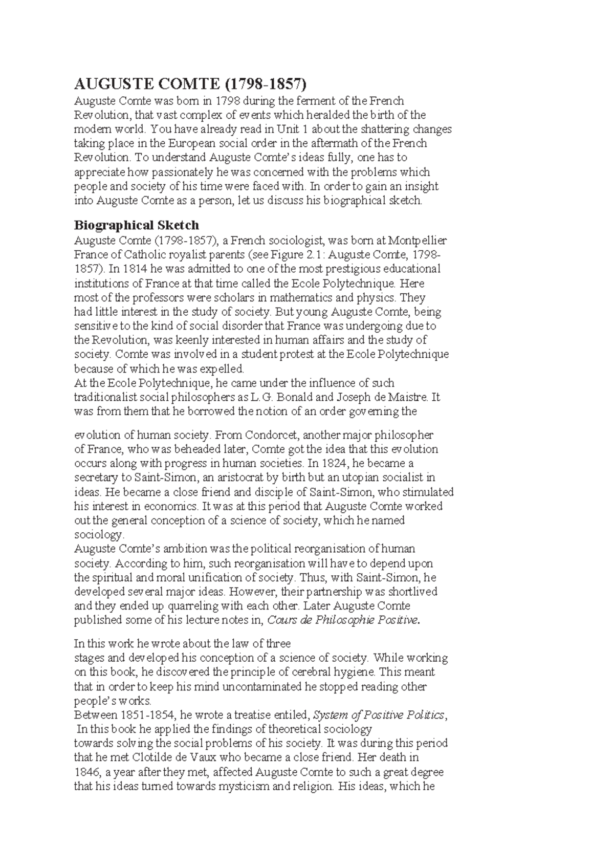 Auguste Comte: Pioneer of Sociology and The Law of Three Stages - Studocu