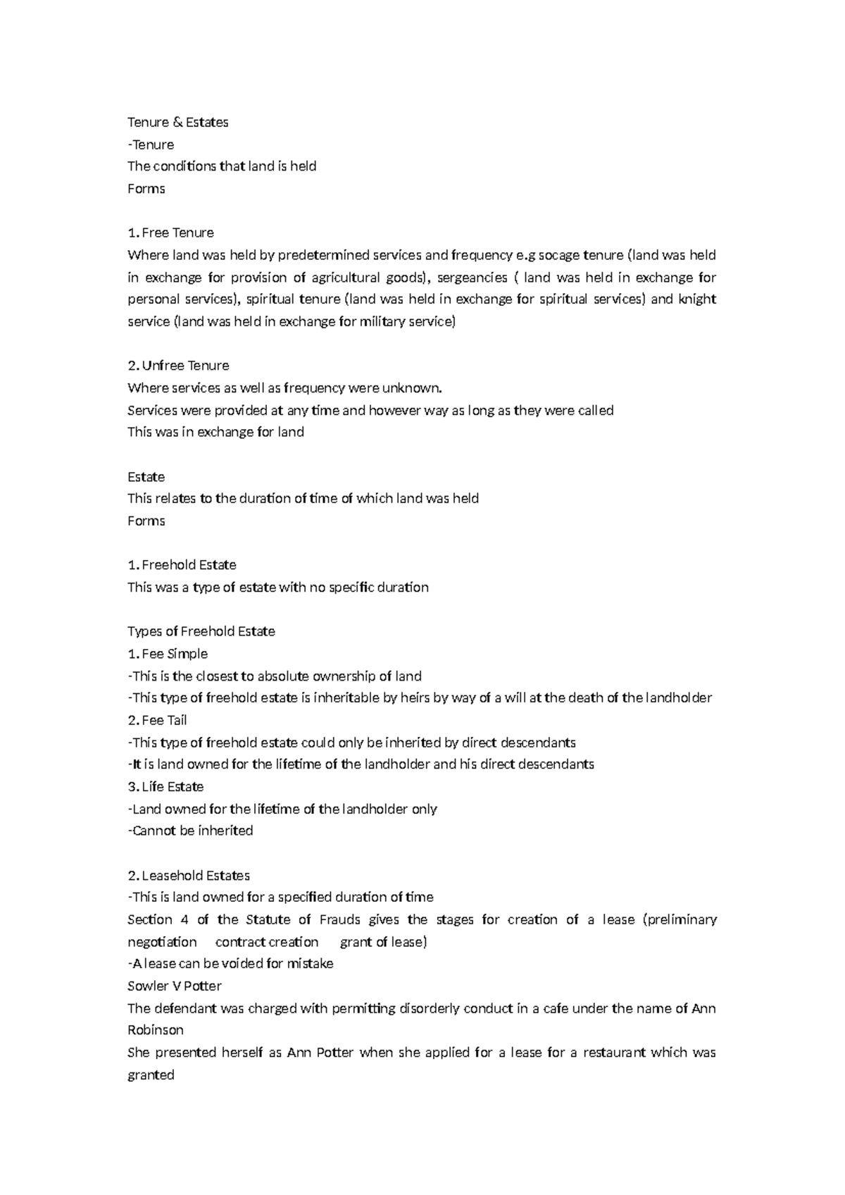 Tenure & Estate Summary: Freehold and Leasehold Estates Explained - Studocu