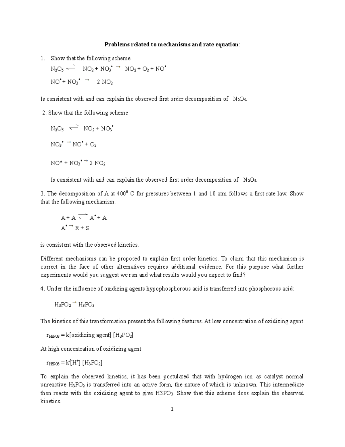 CRE 2020 Problems on Mechanisms and Rate Equations - Studocu