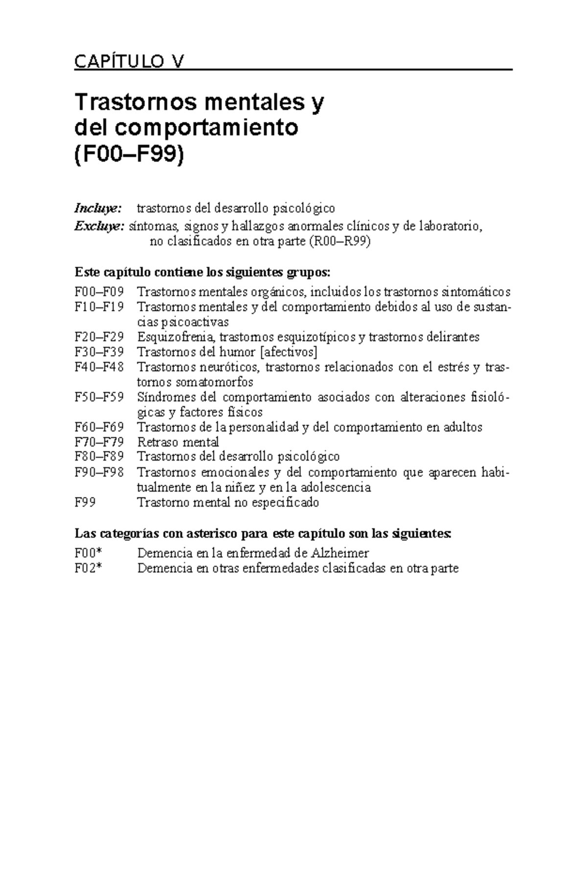 Capítulo V del CIE 10: Trastornos Mentales y del Comportamiento (F00-F99) - Studocu