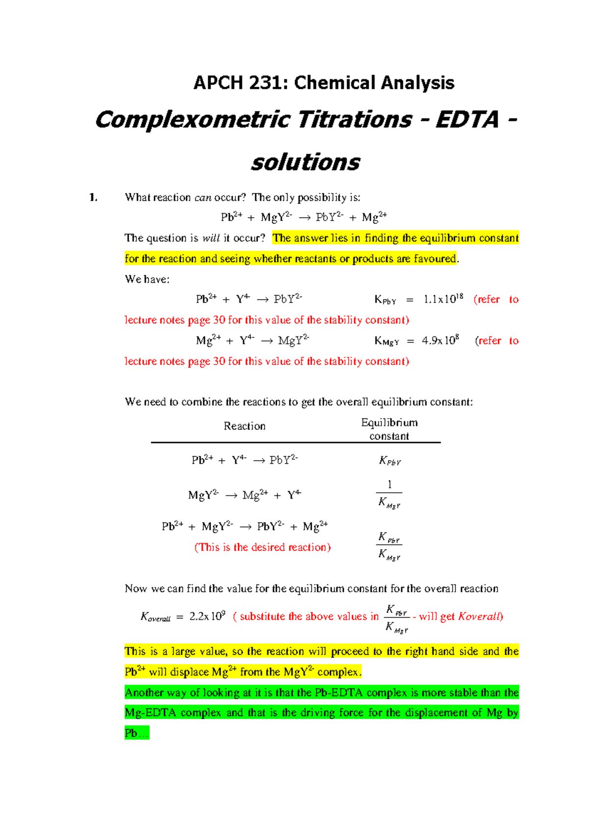 APCH 231 Complexometric Titrations - Tutorial Solutions Guide - Studocu