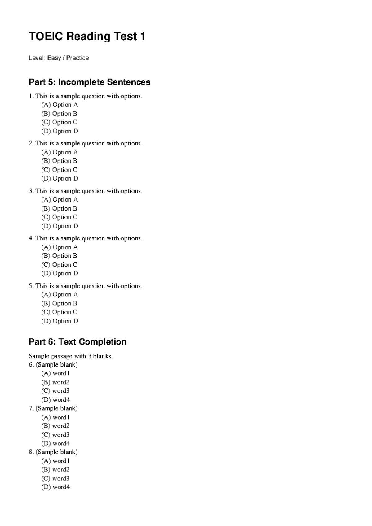 TOEIC Reading Practice Tests: Easy & Realistic Levels - Studocu
