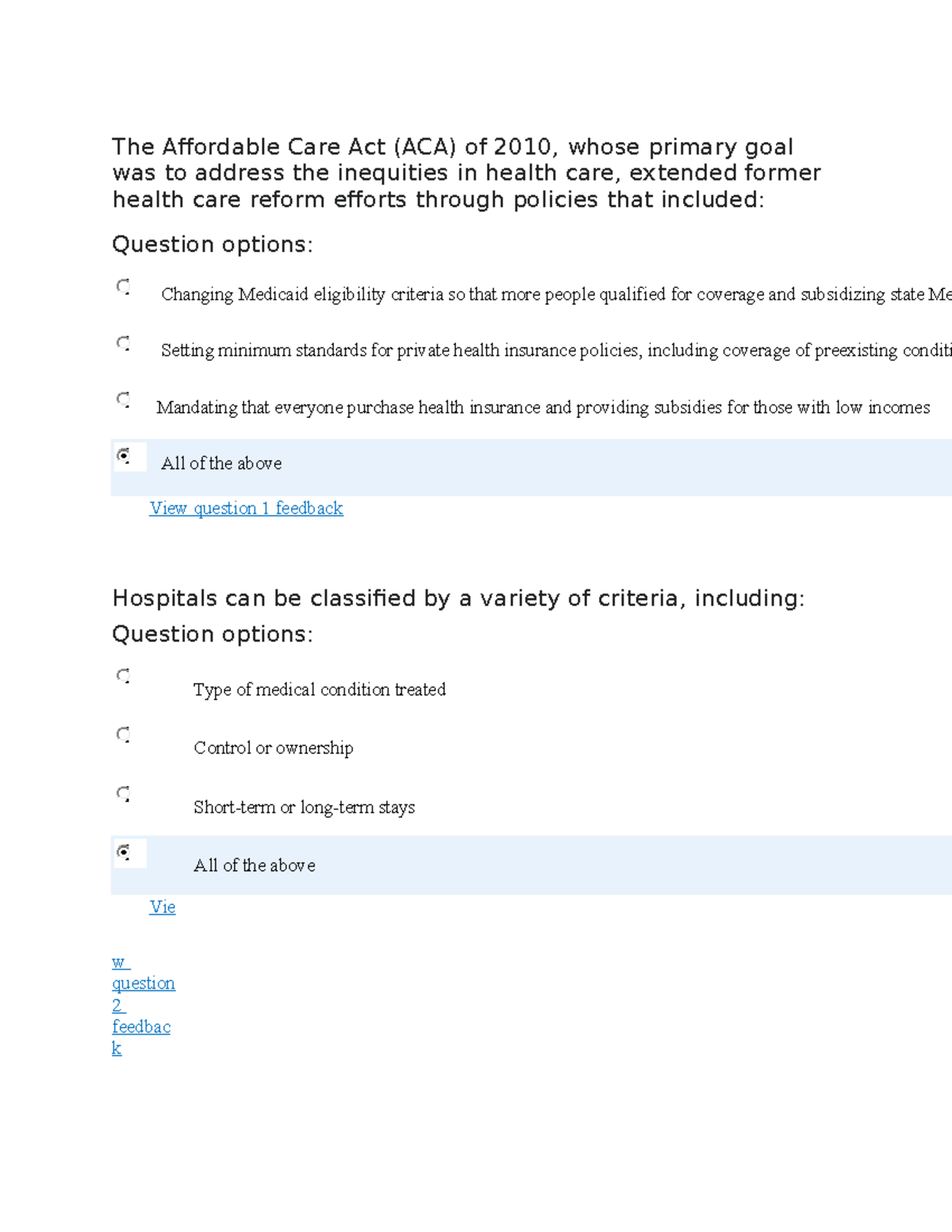 Hcm340 Quiz 2&3 - Key Concepts from Chapters 2&3 on ACA & Healthcare ...