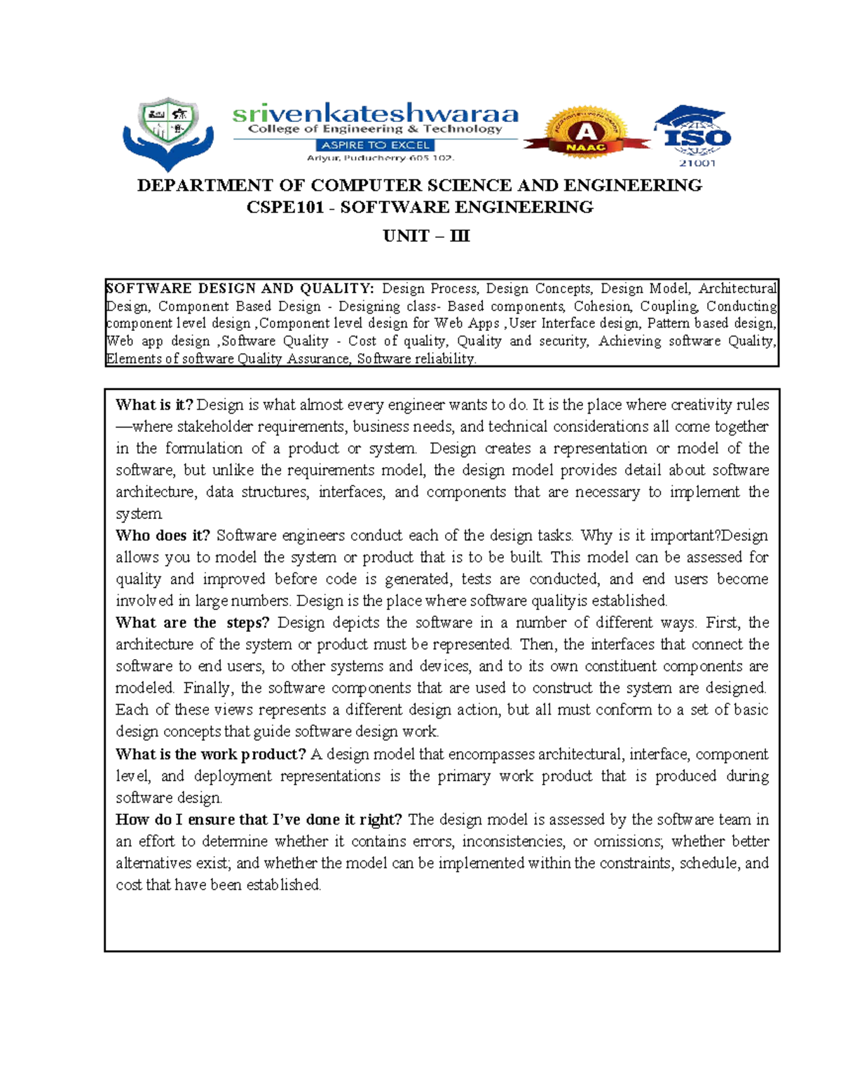 CSPE101 Software Engineering: Unit on Software Design & Quality - Studocu