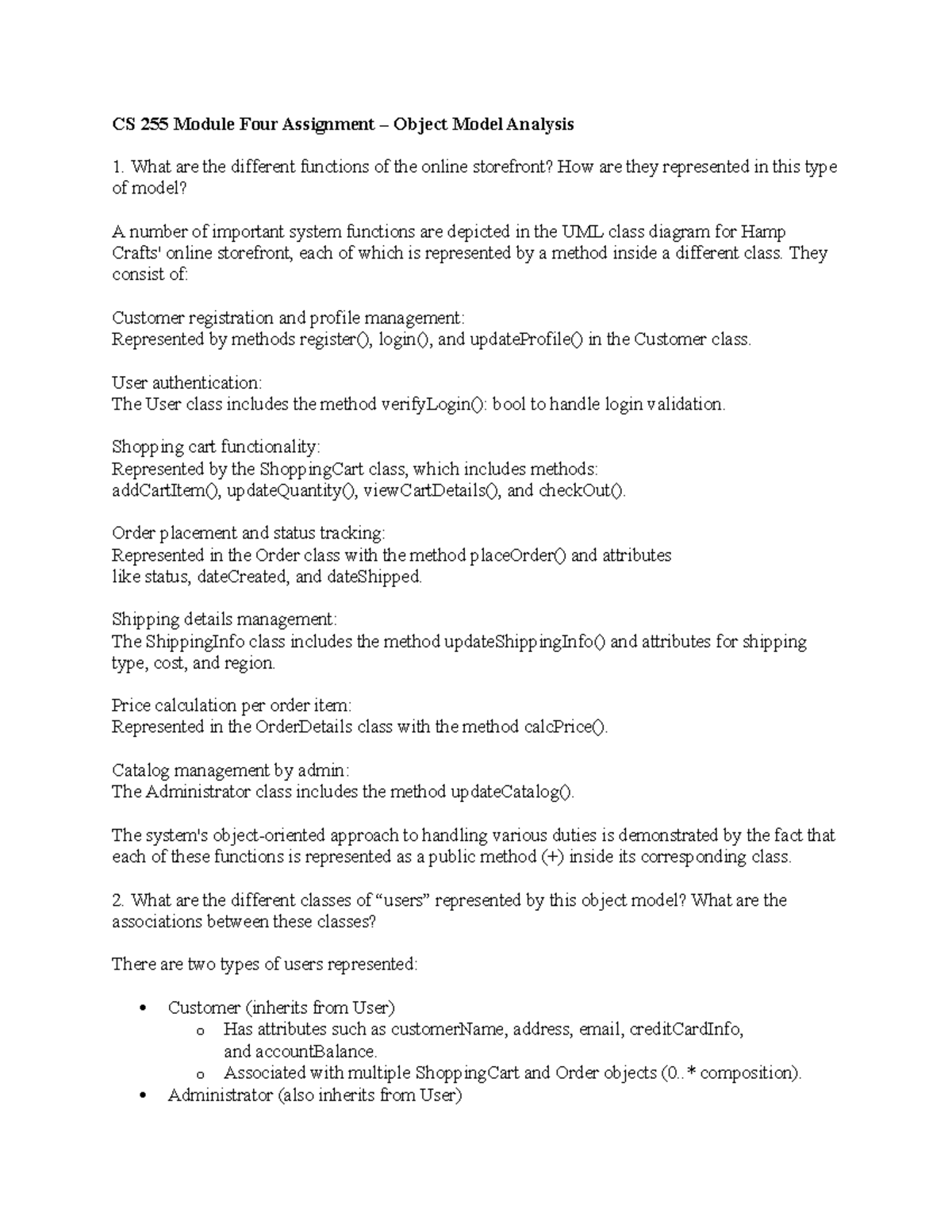 CS 255 Module Four Assignment: Object Model Analysis of Hamp Storefront ...