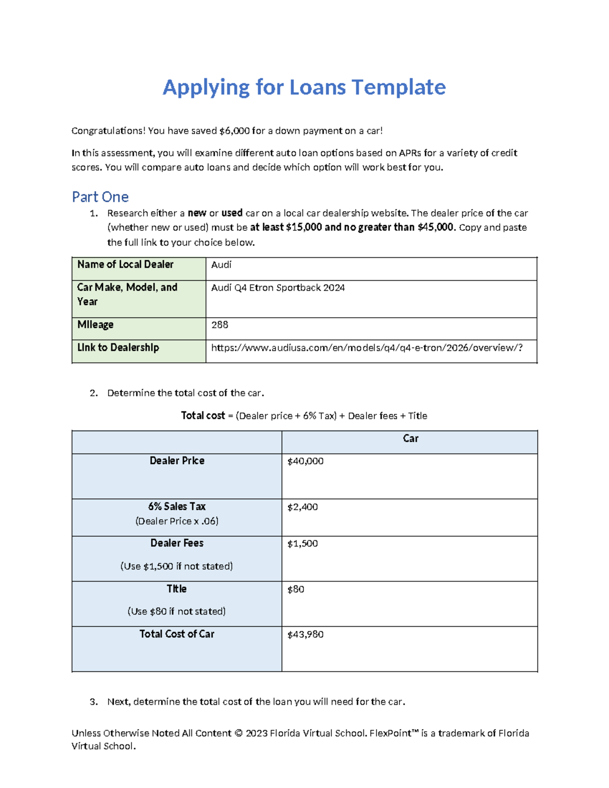 Auto Loan Assessment Template: Comparing Options & Costs - Studocu