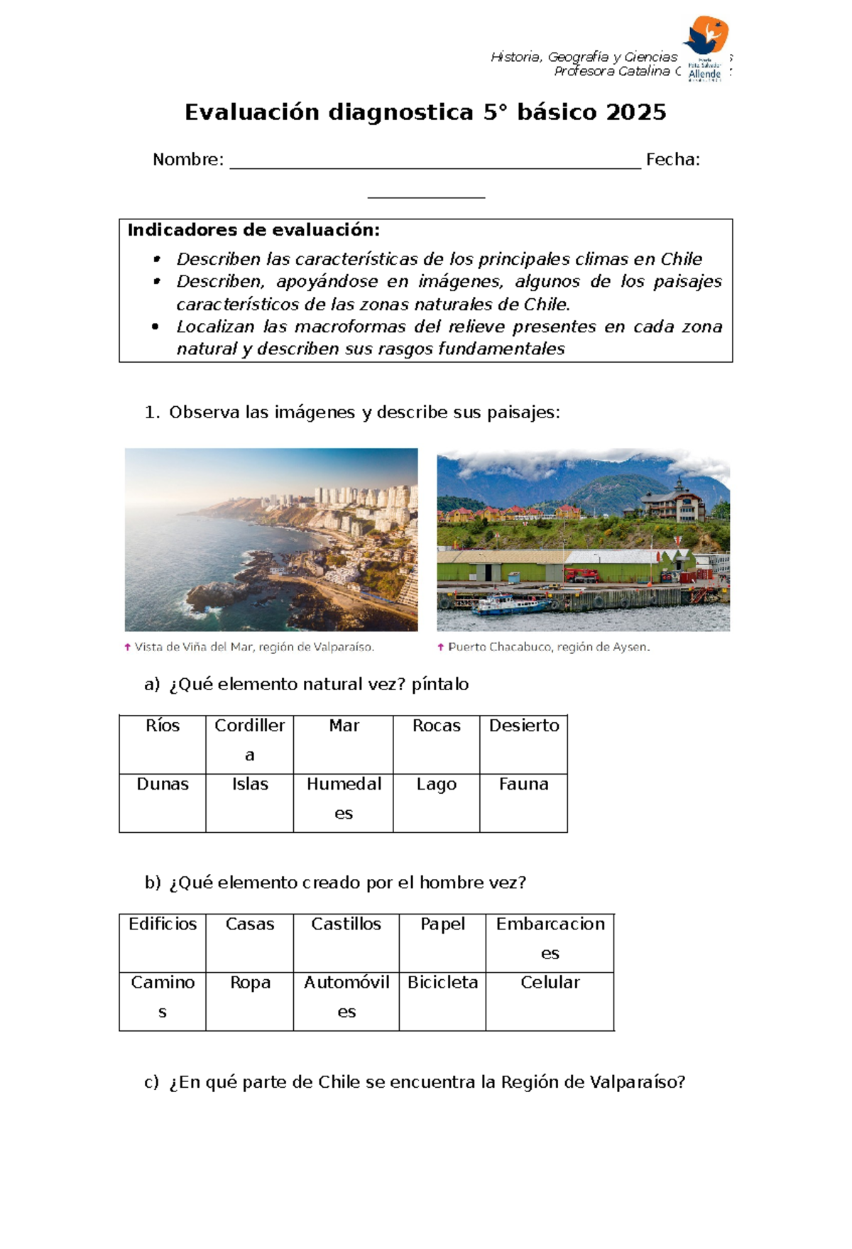 Evaluación diagnostica 5° - Profesora Catalina González Evaluación ...