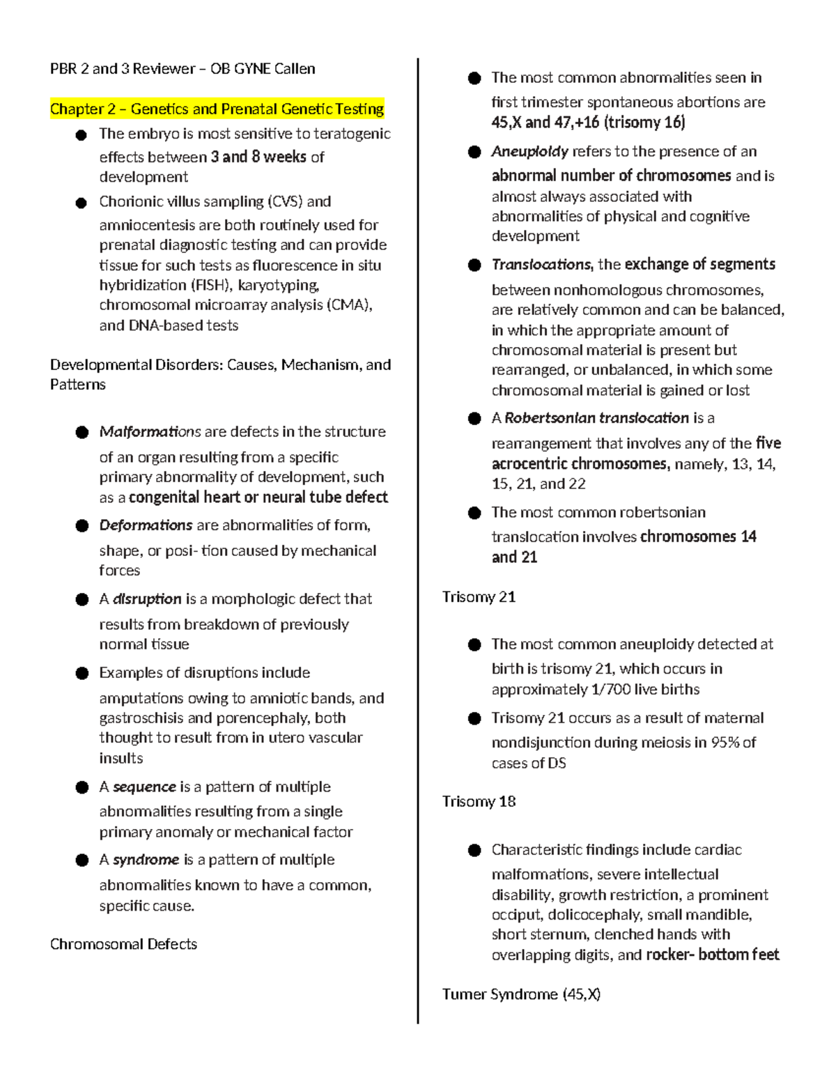 PBR 2 & 3 OB GYNE Reviewer: Genetics & Prenatal Testing Insights - Studocu