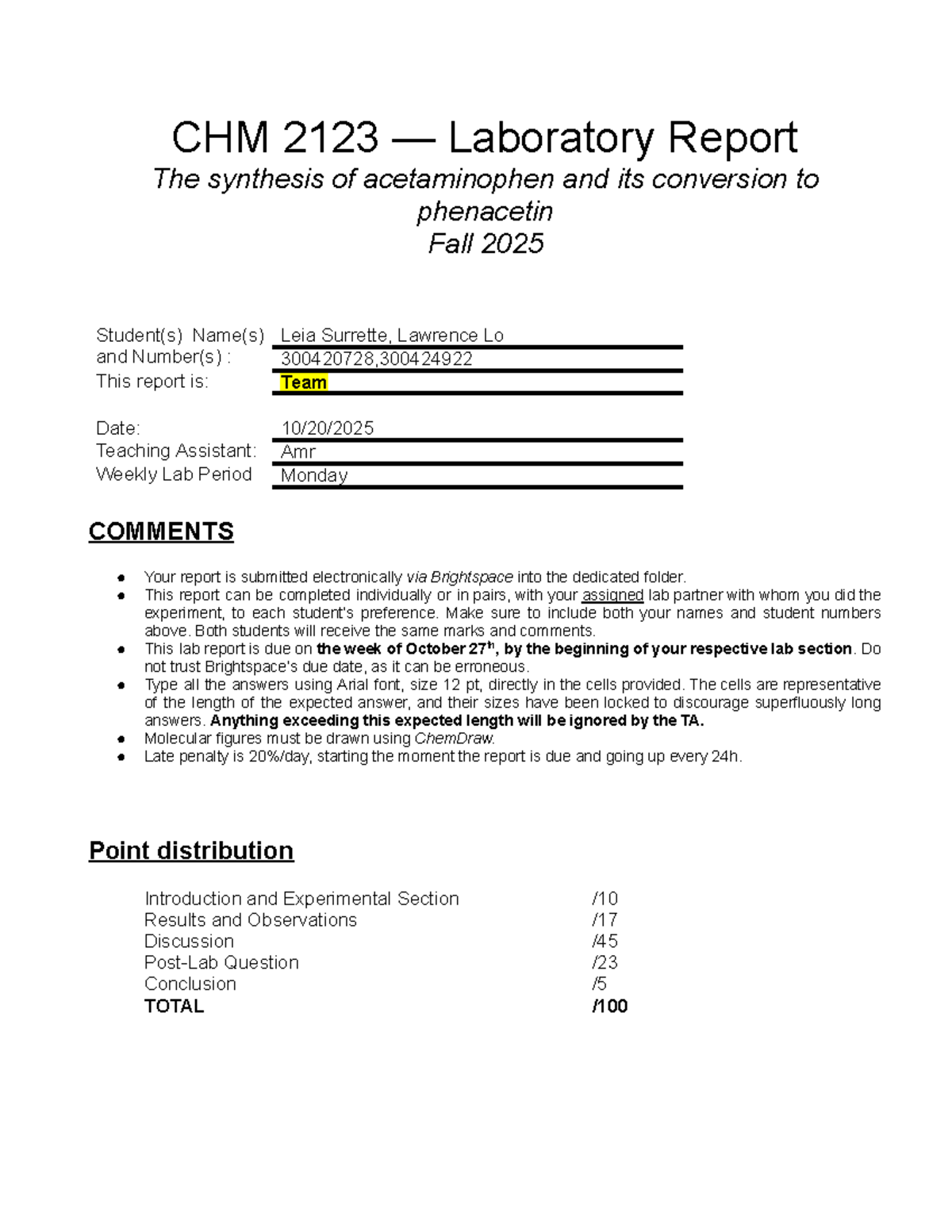 CHM 2123 Fall 2025 Laboratory Report: Synthesis of Acetaminophen ...