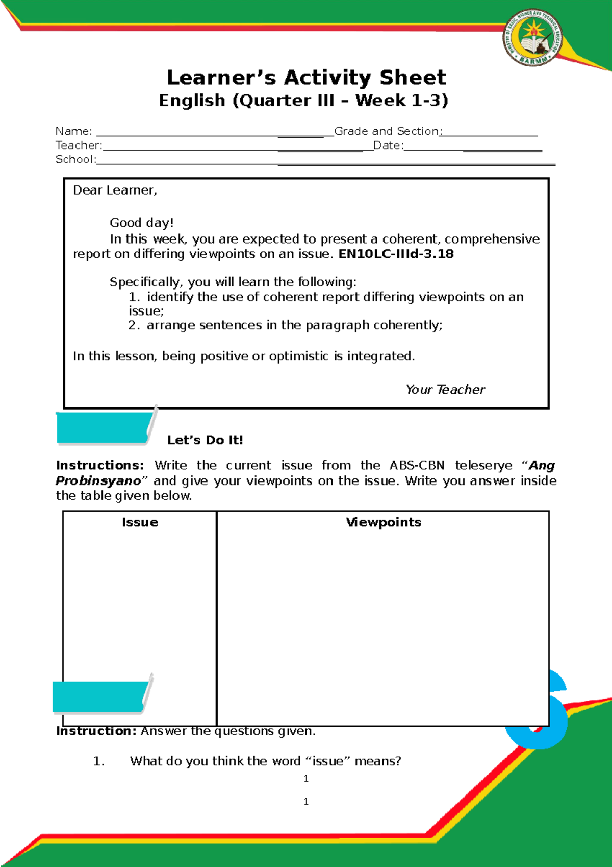G6 eng Q3 w1-w3 - Module in grade 6 - Learner’s Activity Sheet English ...
