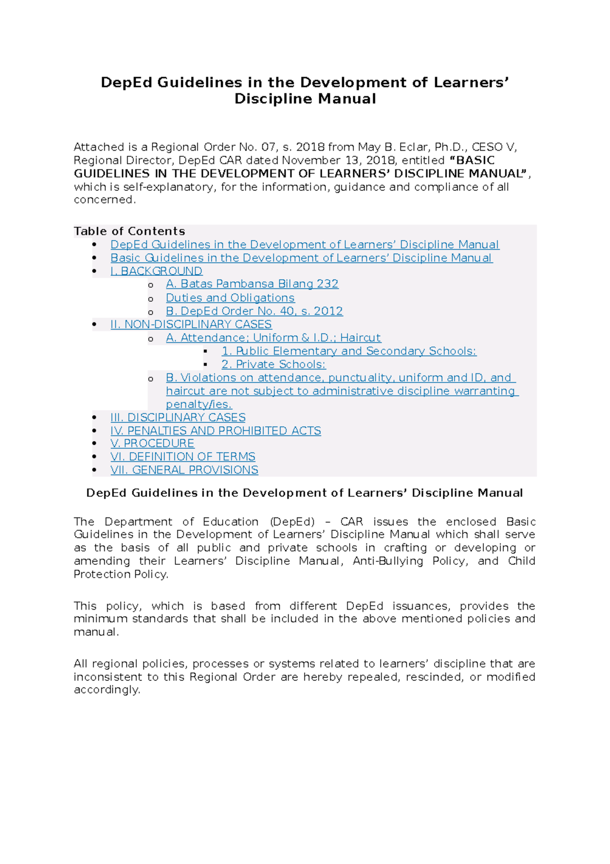 DepEd Learner Discipline Manual Guidelines and Policies - Studocu