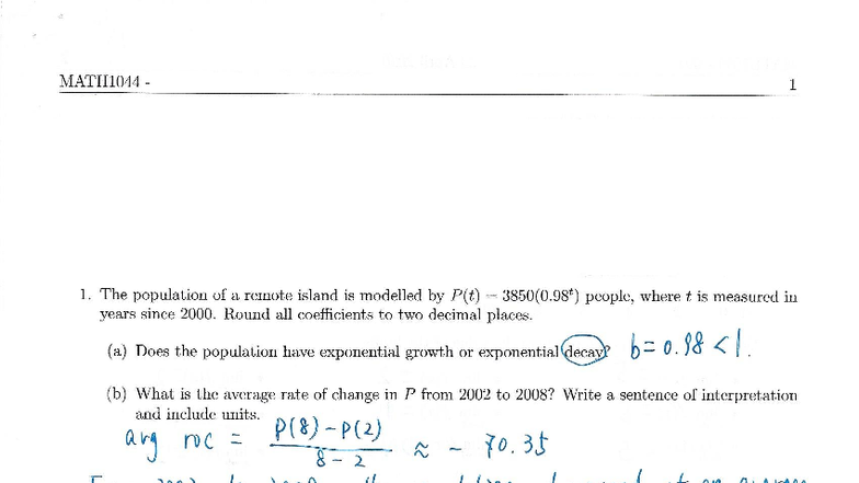 MATH1044 Final Exam Review Solutions and Population Modeling Analysis ...