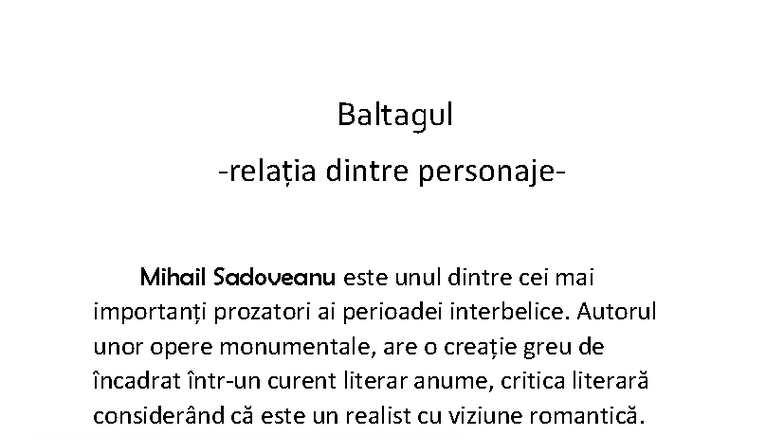 Baltagul: Relația dintre personaje în opera lui Mihail Sadoveanu - Studocu