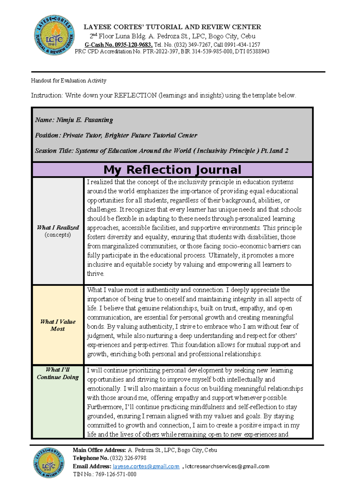 Reflection Journal on Inclusivity in Education Systems (LCTC) - Studocu