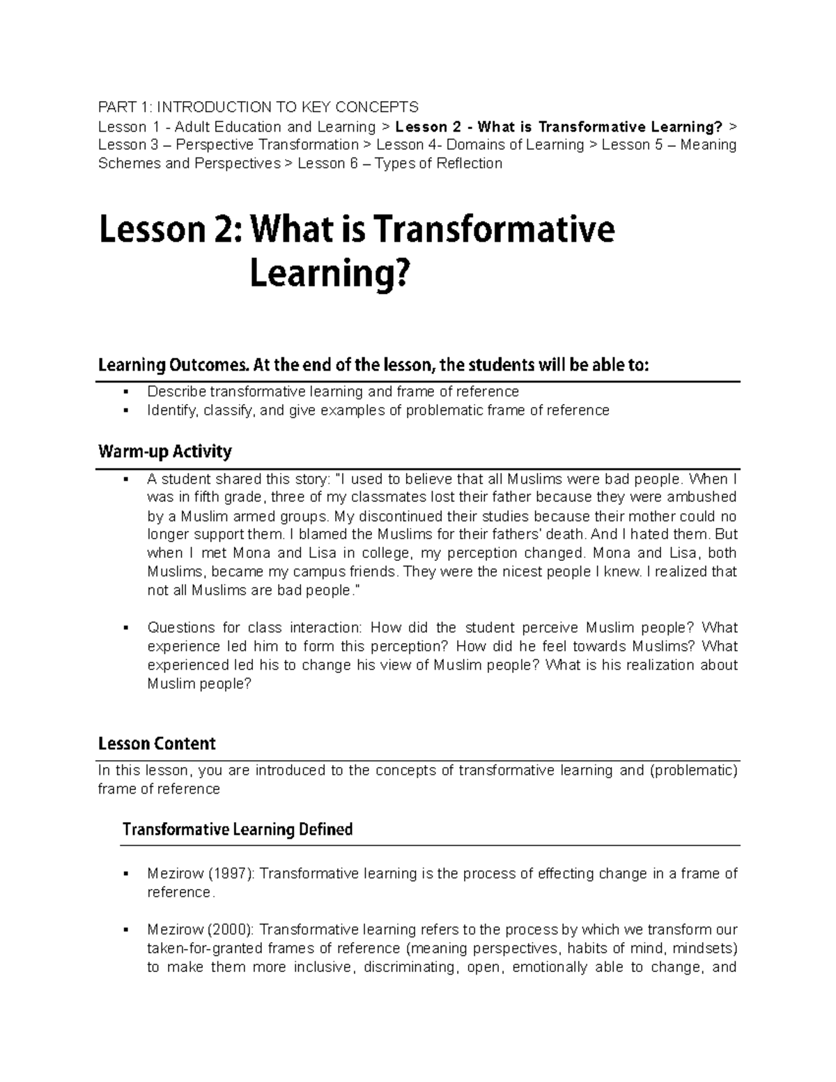 Lesson 2 What is Transformative Learning - PART 1: INTRODUCTION TO KEY CONCEPTS Lesson 1 - Adult ...