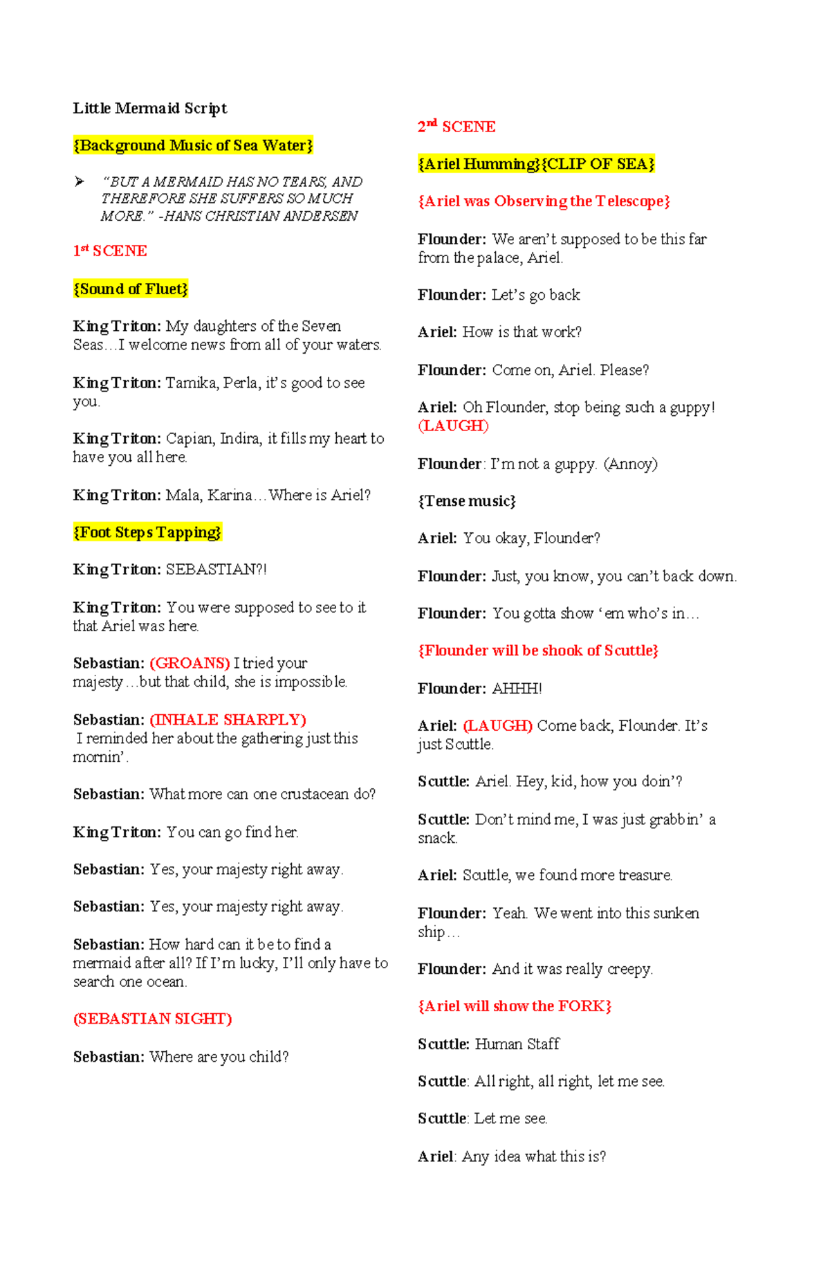 Little Mermaid Script: Scene 2 - Ariel and Flounder's Adventure - Studocu