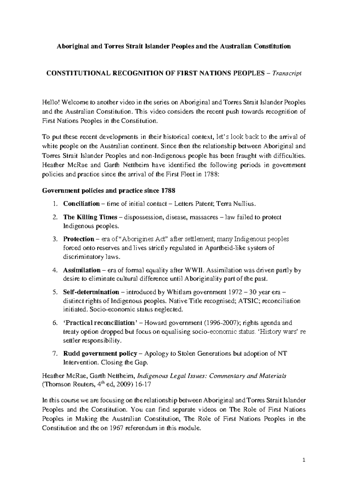 Constitutional Recognition of First Nations Peoples: A Transcript ...