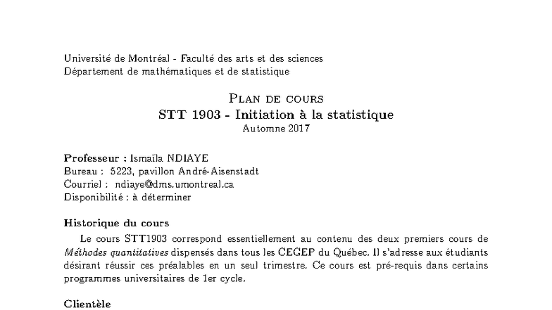 STT 1903 - Plan de Cours: Initiation à la Statistique Automne 2017 ...