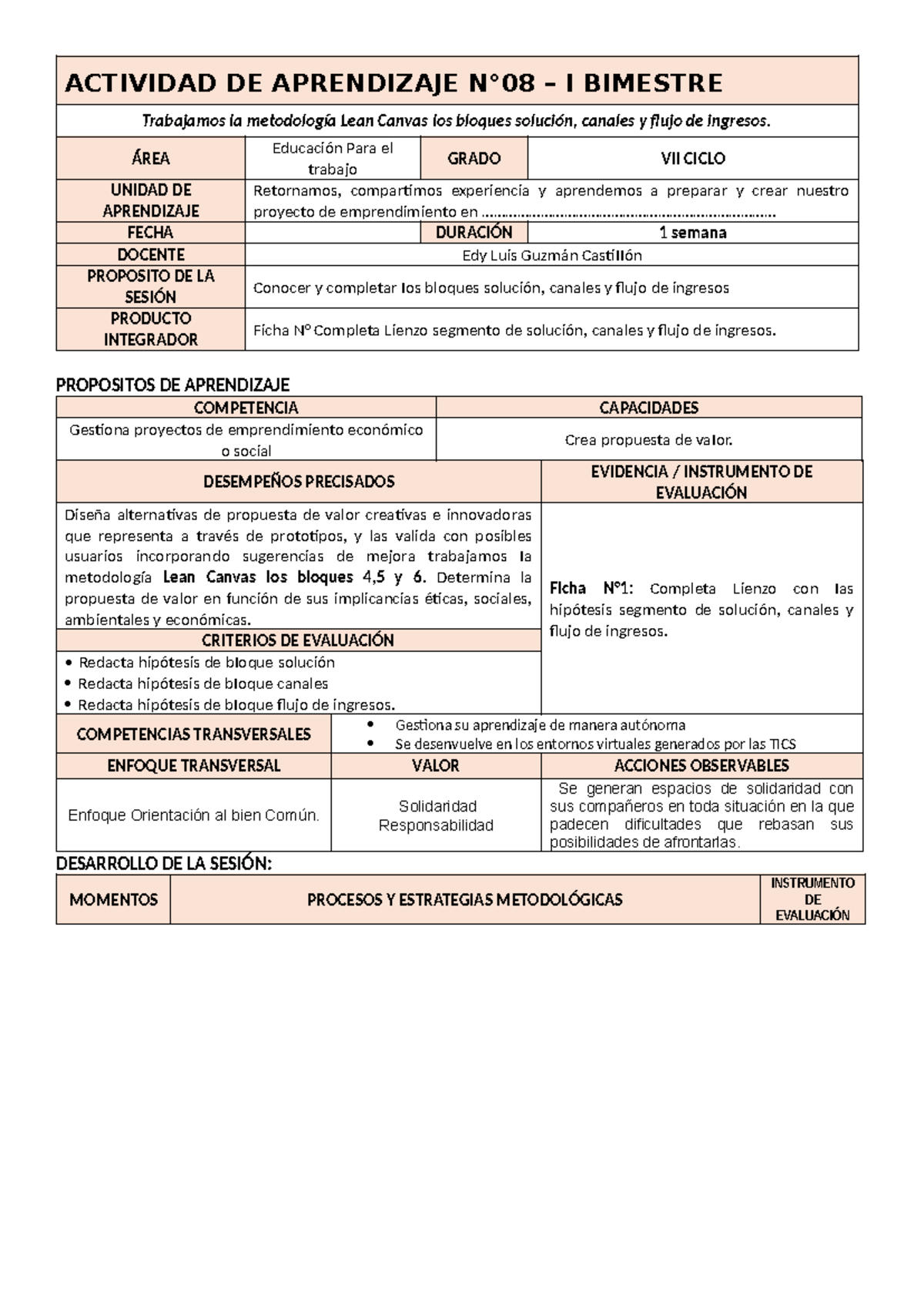 Actividad de Aprendizaje I: Lean Canvas - Bloques 4, 5 y 6 (Grado VII ...