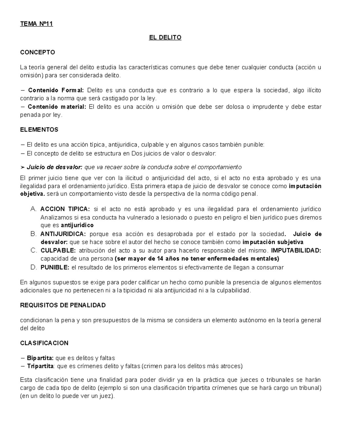 TEMA Nº11 - Concepto y Elementos del Delito en Derecho Penal - Studocu