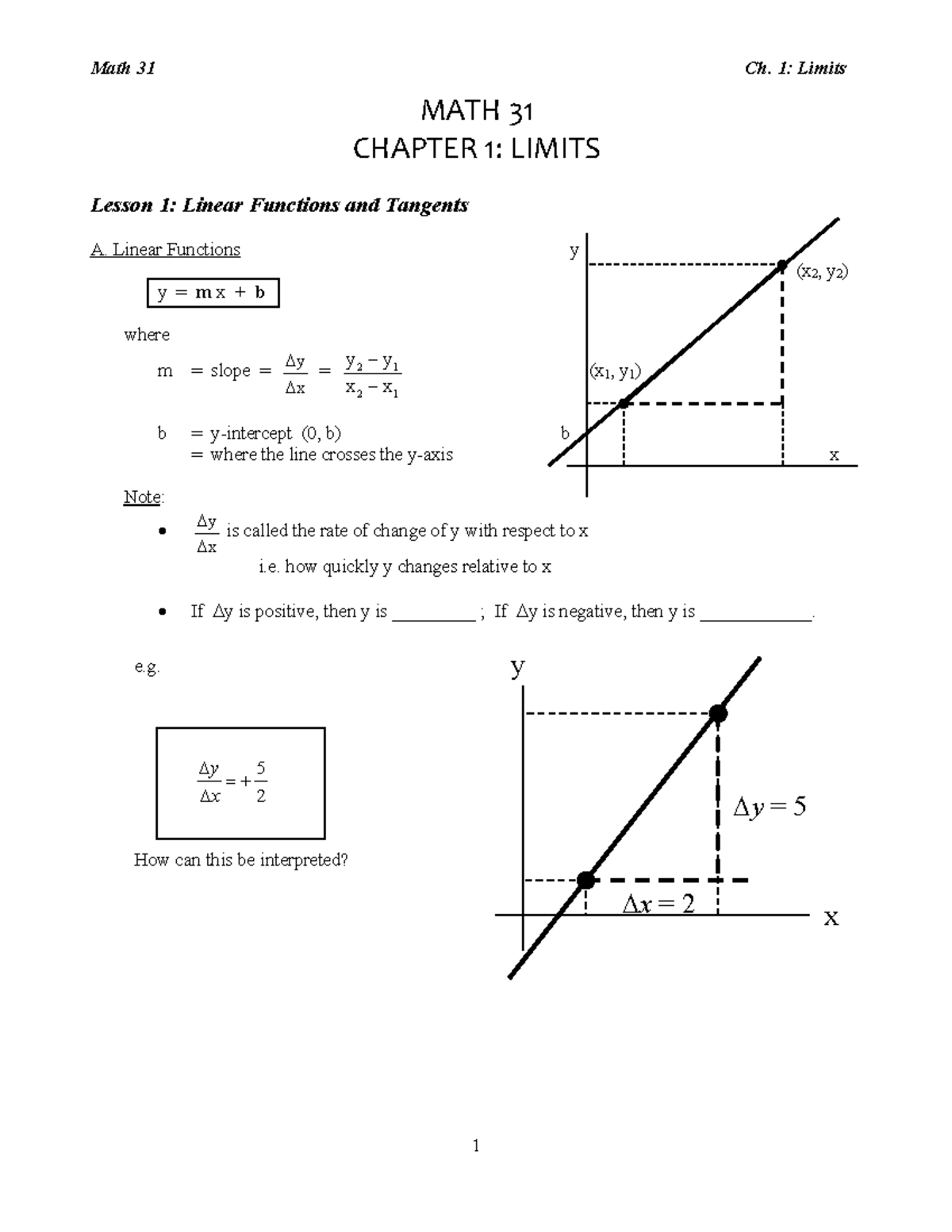 MATH 31 Chapter 1: Student Notes on Limits and Linear Functions - Studocu