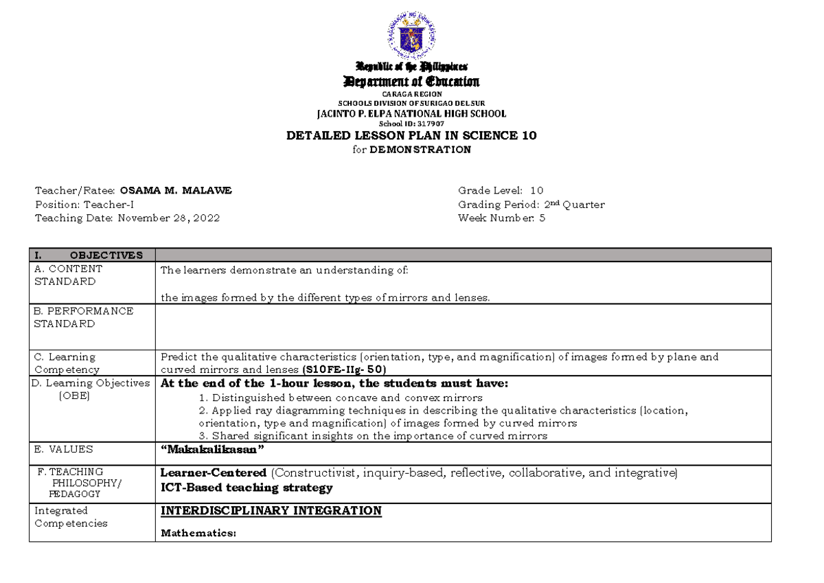 Science 10 Detailed Lesson Plan on Curved Mirrors and Lenses - Studocu