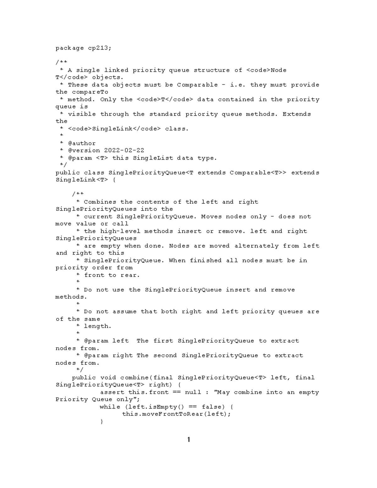 Single Priority Queue - package cp213; /** * A single linked priority ...