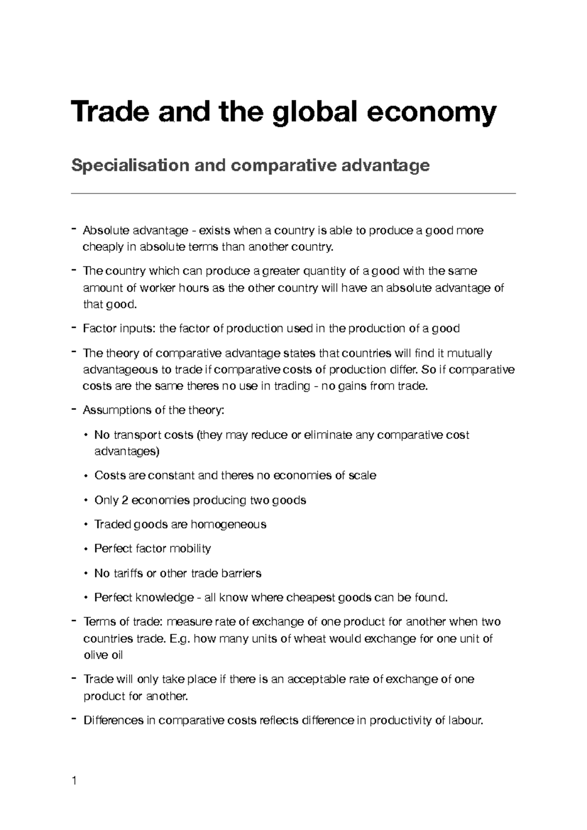 Trade and the Global Economy: Specialisation & Comparative Advantage ...
