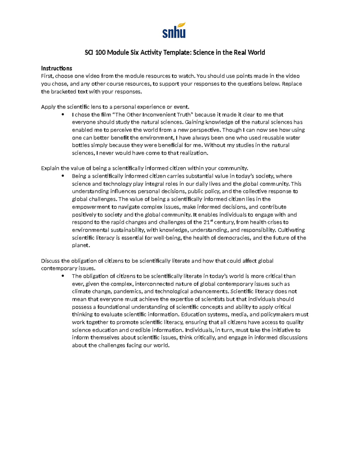 SCI 100 Module Six Activity: Insights on Scientific Literacy - Studocu