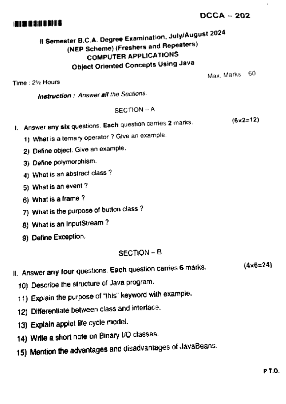DCCA 202 II Sem B.C.A. Exam 2024: Object Oriented Concepts in Java ...
