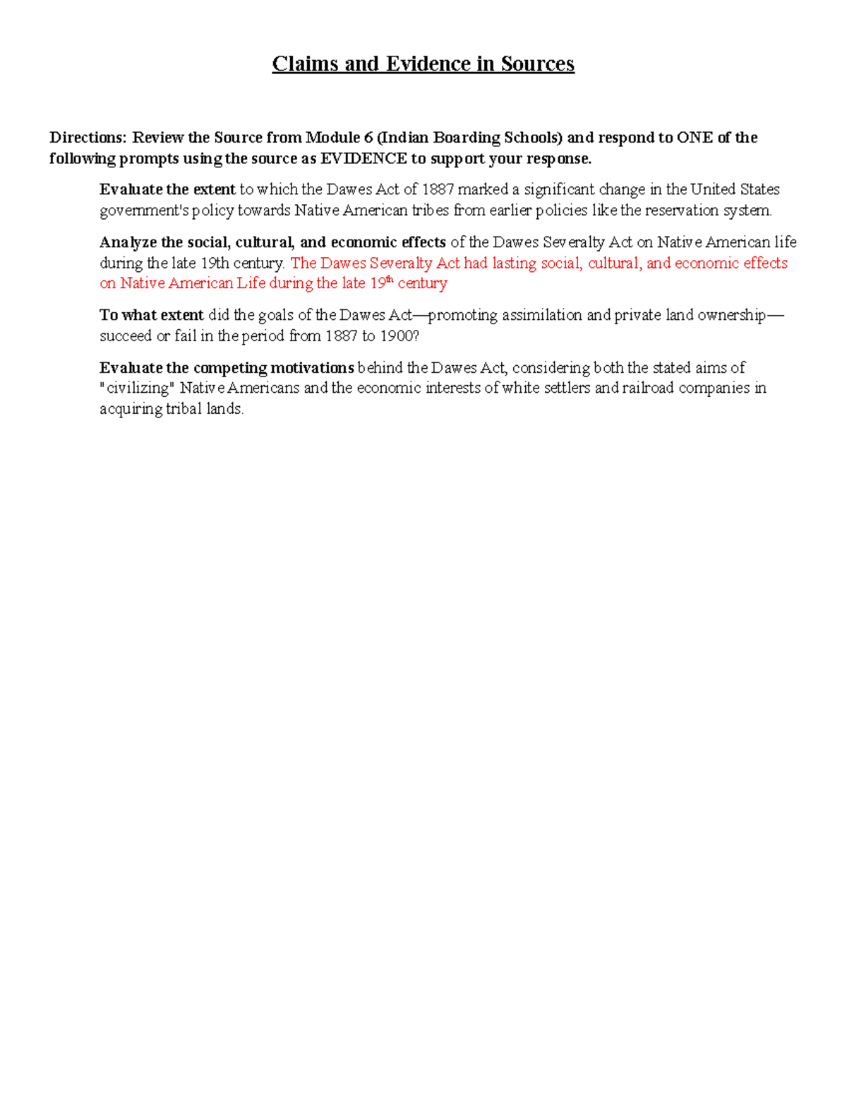 Claims and Evidence: Analyzing the Dawes Act's Impact on Native ...