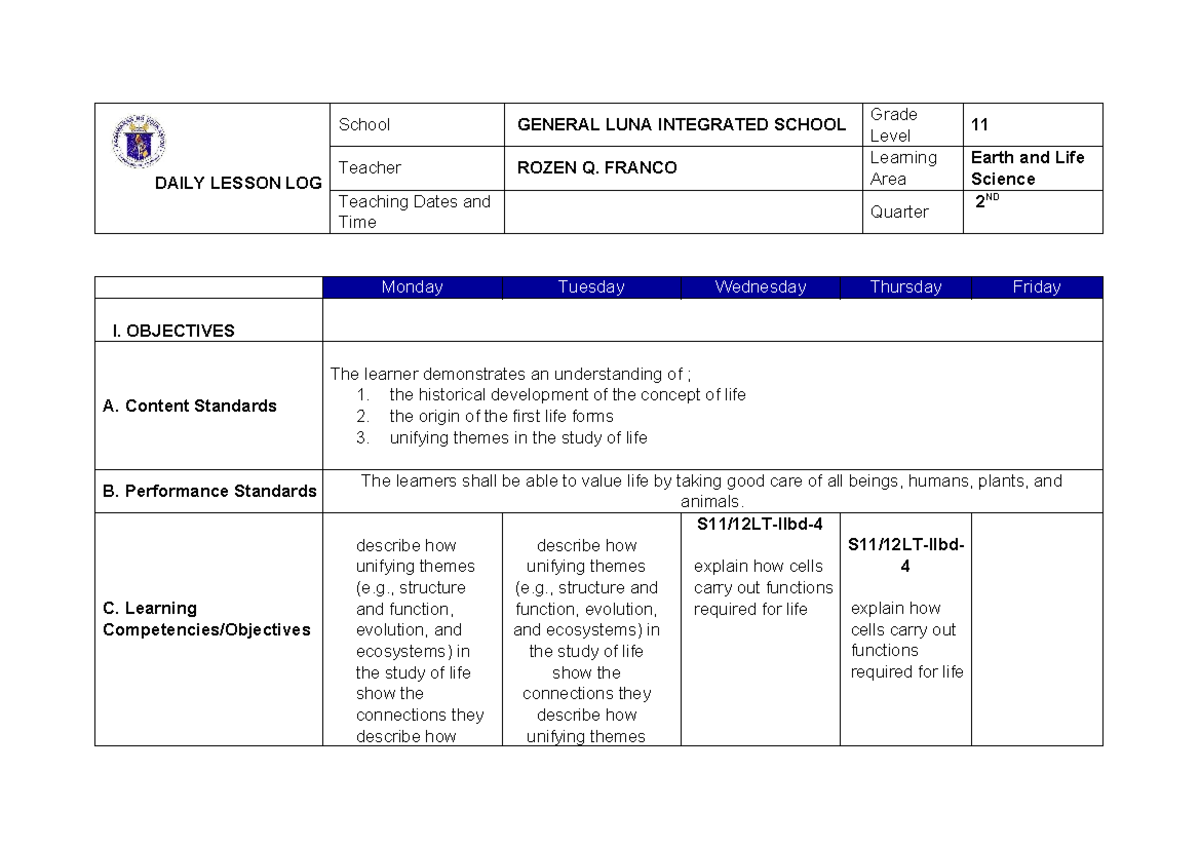 Earth 2nd quarter 0 - DAILY LESSON LOG School GENERAL LUNA INTEGRATED ...