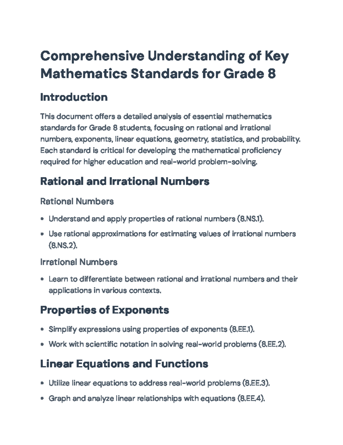 Grade 8 Mathematics Standards Overview: Key Concepts and Applications ...