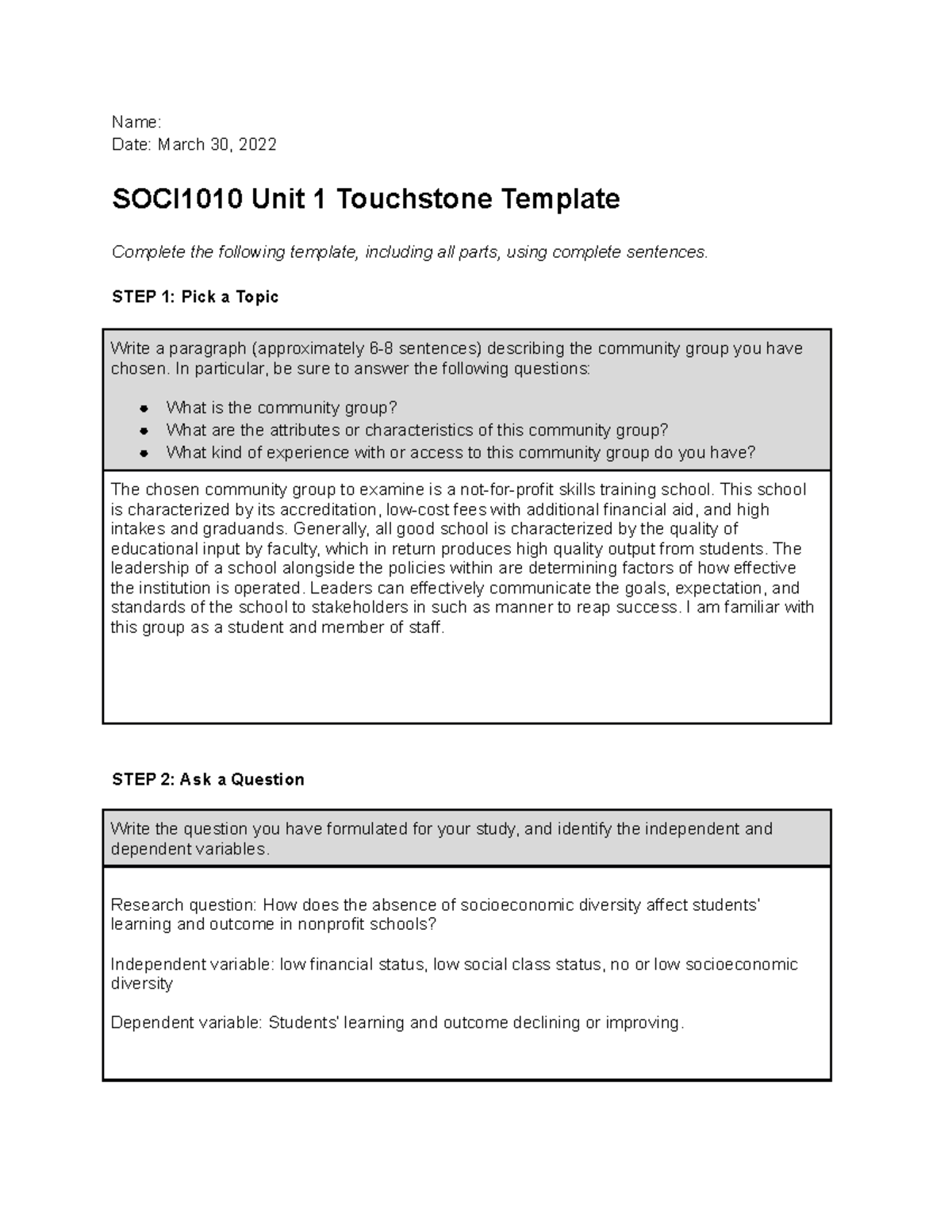 SOCI1010 Touchstone 1: Community Group Analysis and Research Inquiry ...