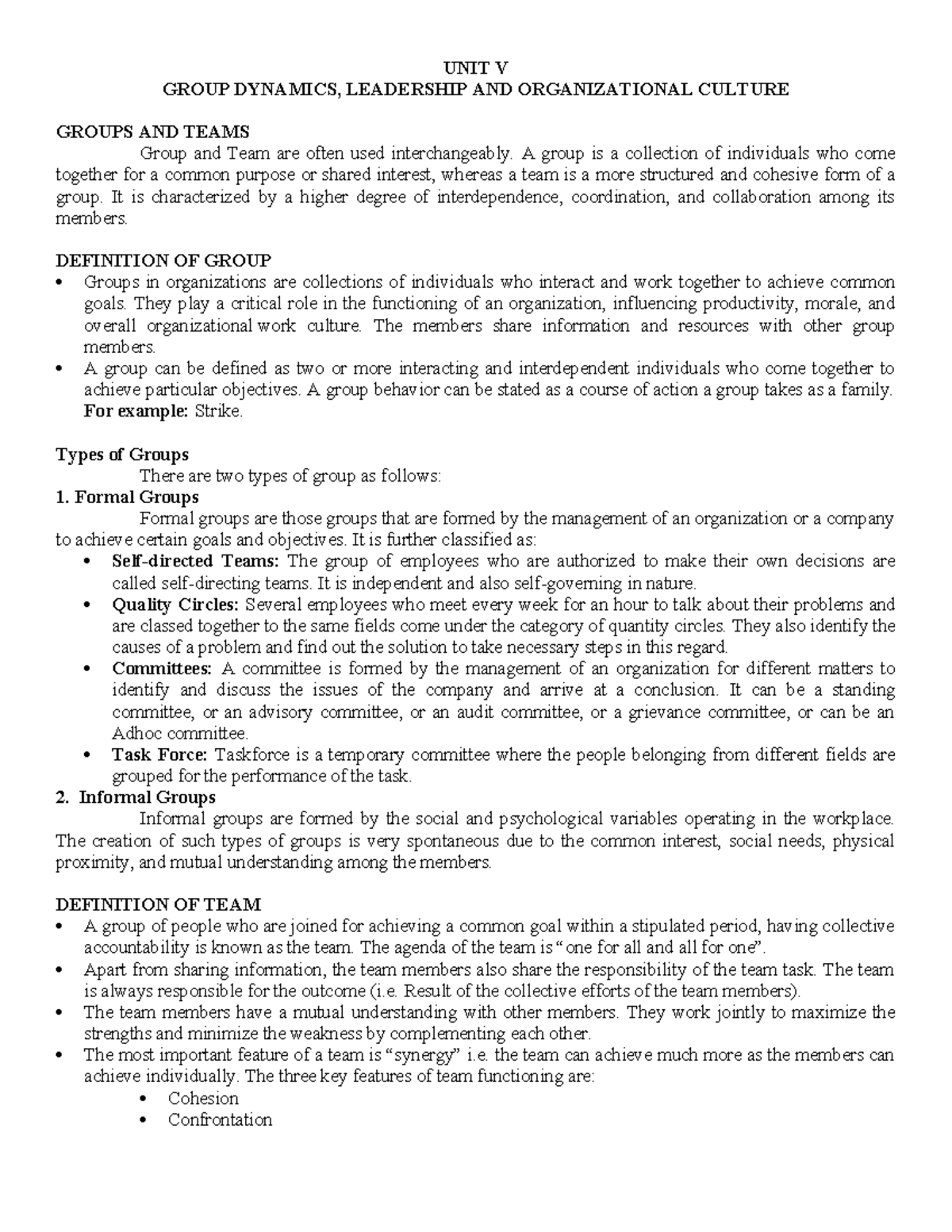 UNIT 5 MCOB: Group Dynamics, Leadership & Organizational Culture Notes ...