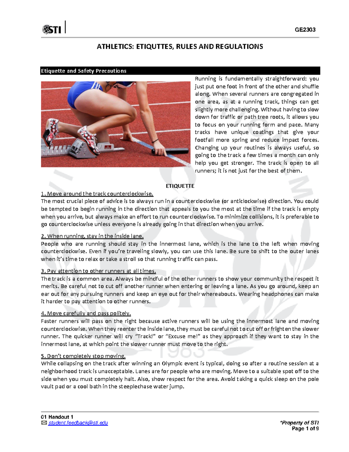 Athletics Etiquette and Safety: Essential Guide for Track Events - Studocu