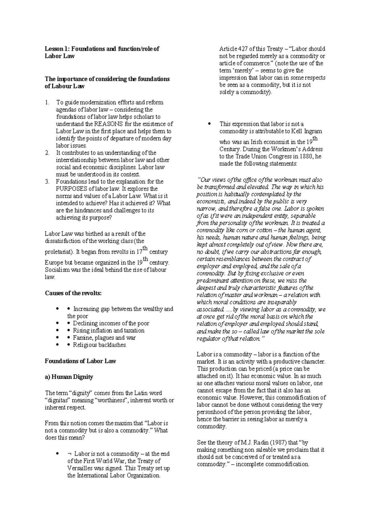 Labour Law Foundations and Functions: Lesson 1 Overview - A - Studocu