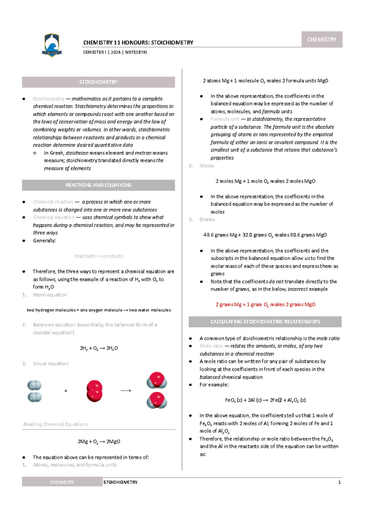 Chemistry 11 Honours Stoichiometry Study Guide - SEMESTER I | 2024 ...