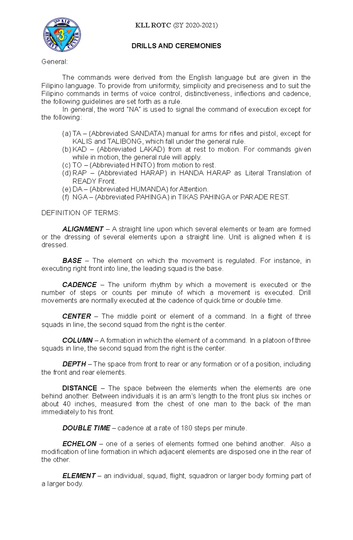 Drills and Ceremonies Guide for Filipino Commands and Positions - Studocu