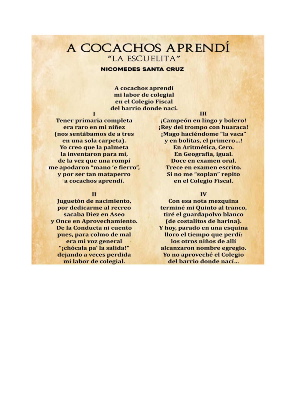 Poema "A Cocachos Aprendi" de Nicomedes Santa Cruz: Análisis y ...