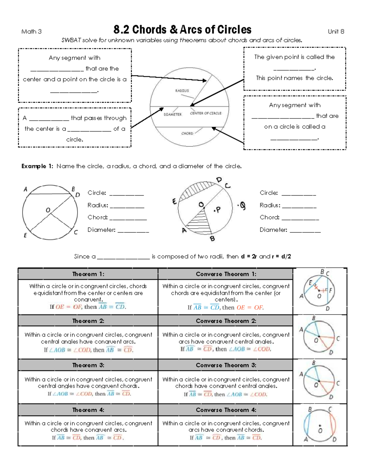 Math 3 Unit 8: Chords and Arcs of Circles Theorems - Studocu