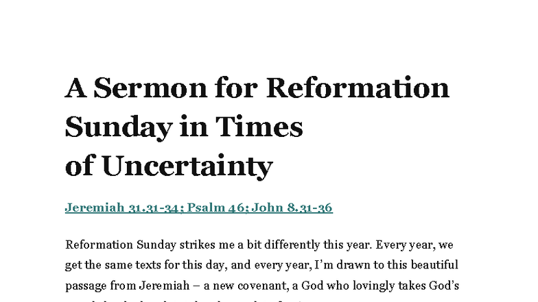 Reformation Sunday Sermon: Hope Amidst Uncertainty - Studocu